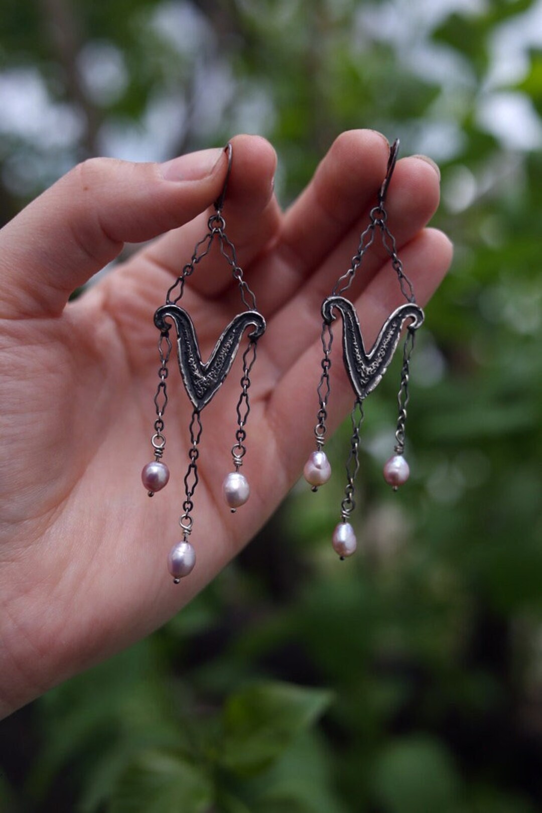 Penelope | Handmade Sterling Silver and Mauve Pink Pearls Chandelier ...