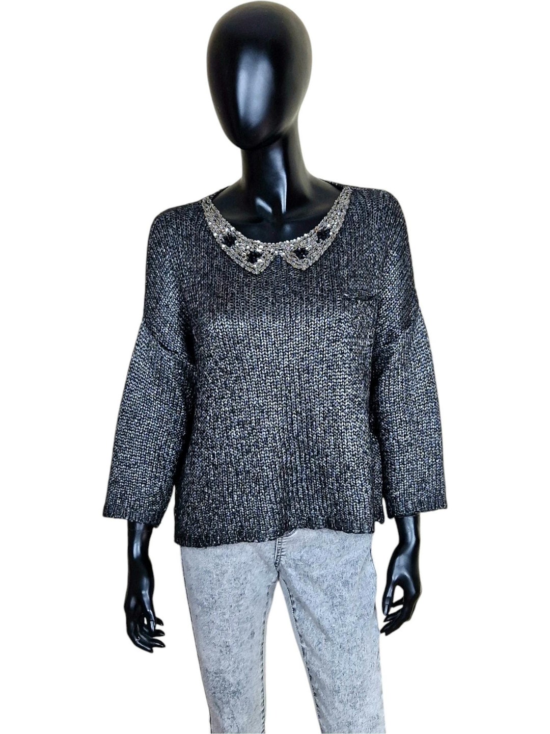 Elegant Hand-knitted Ladies Blouse With Lame, Beaded Neckline, Back ...