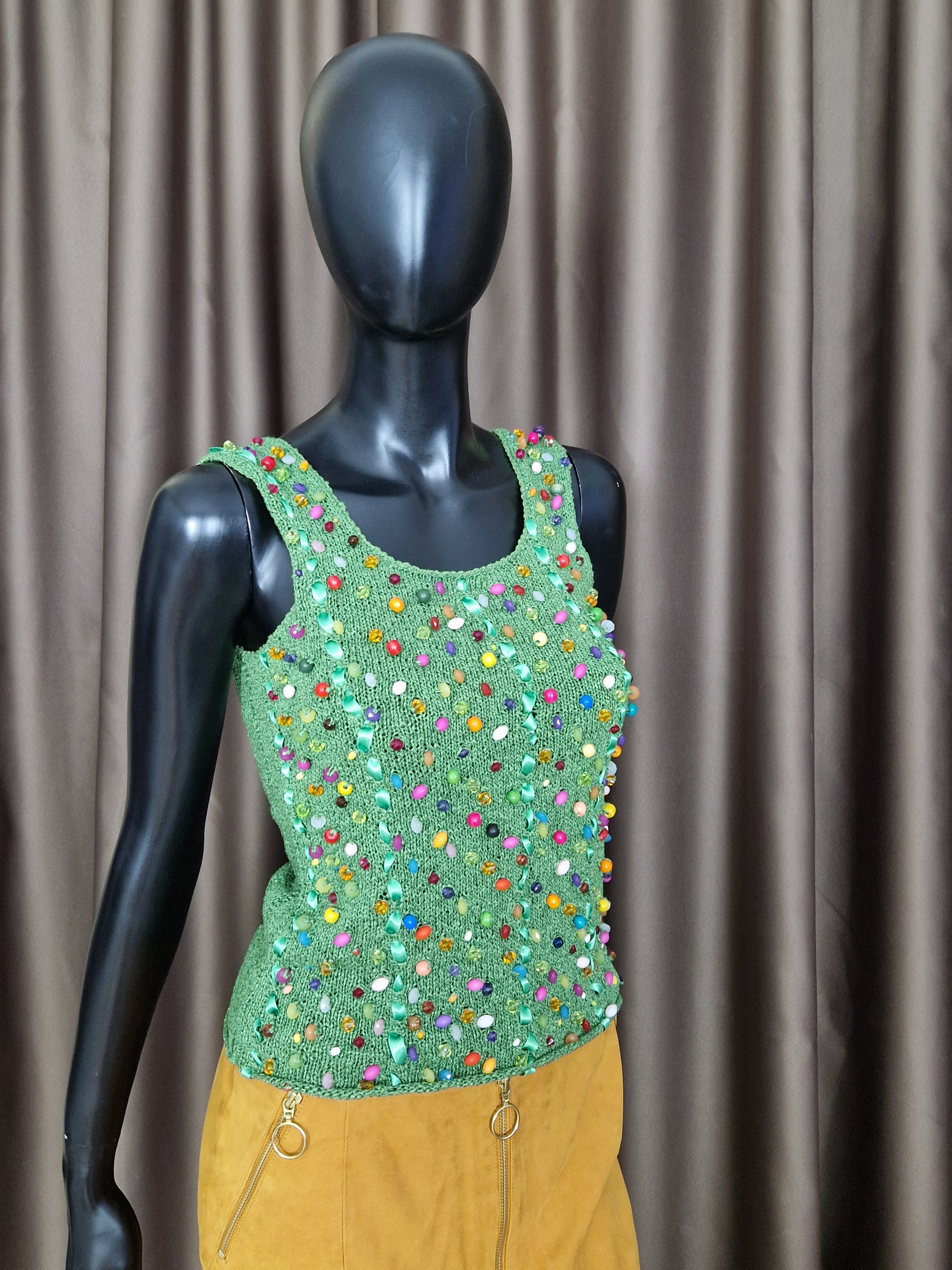 Woman Hand Knit Blouse, Beaded Blouse, Woman Blouse Sleeveless With ...