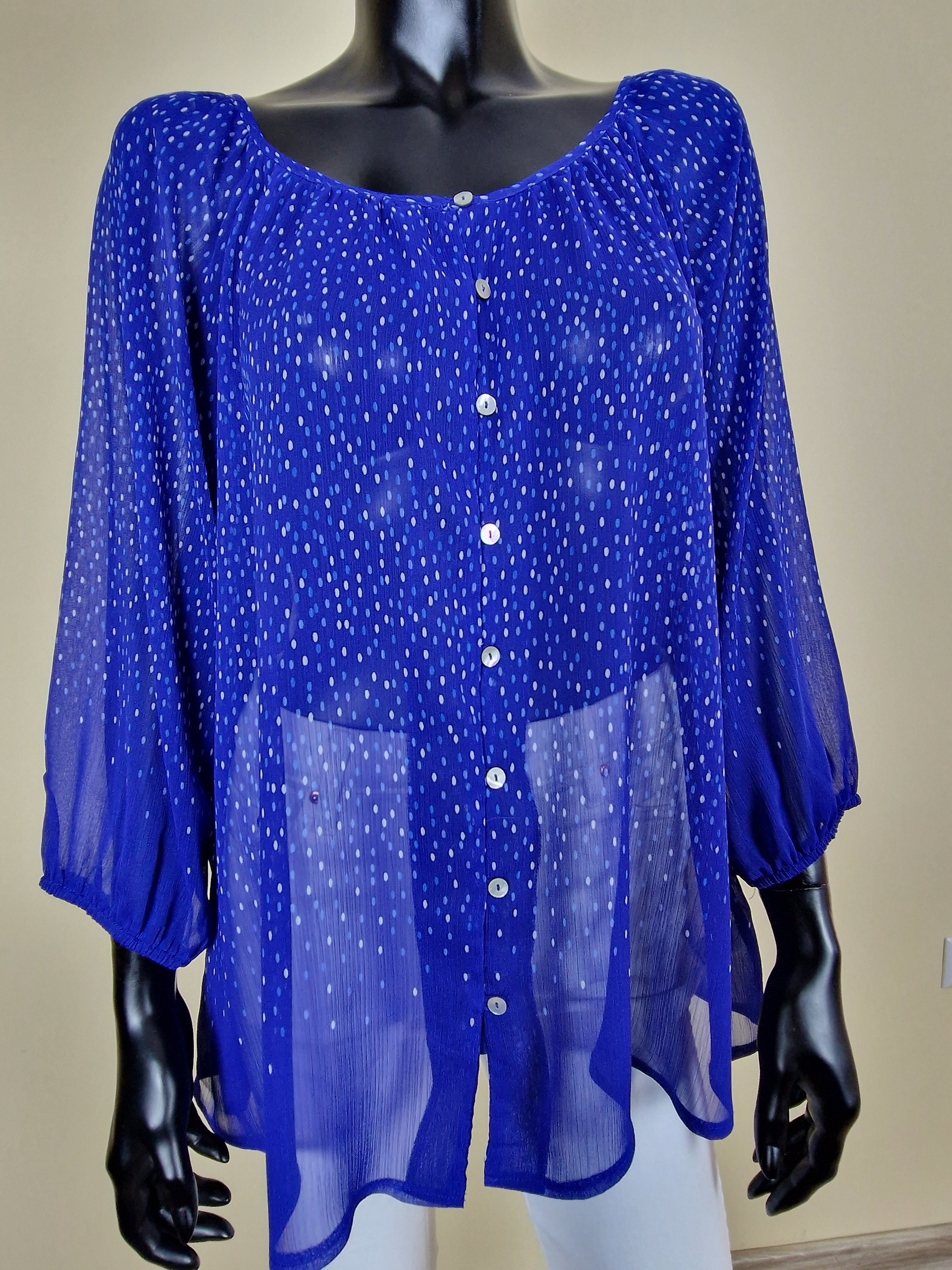 Timeless Elegance: Vintage Turkish Blue Chiffon Blouse With Delicate ...