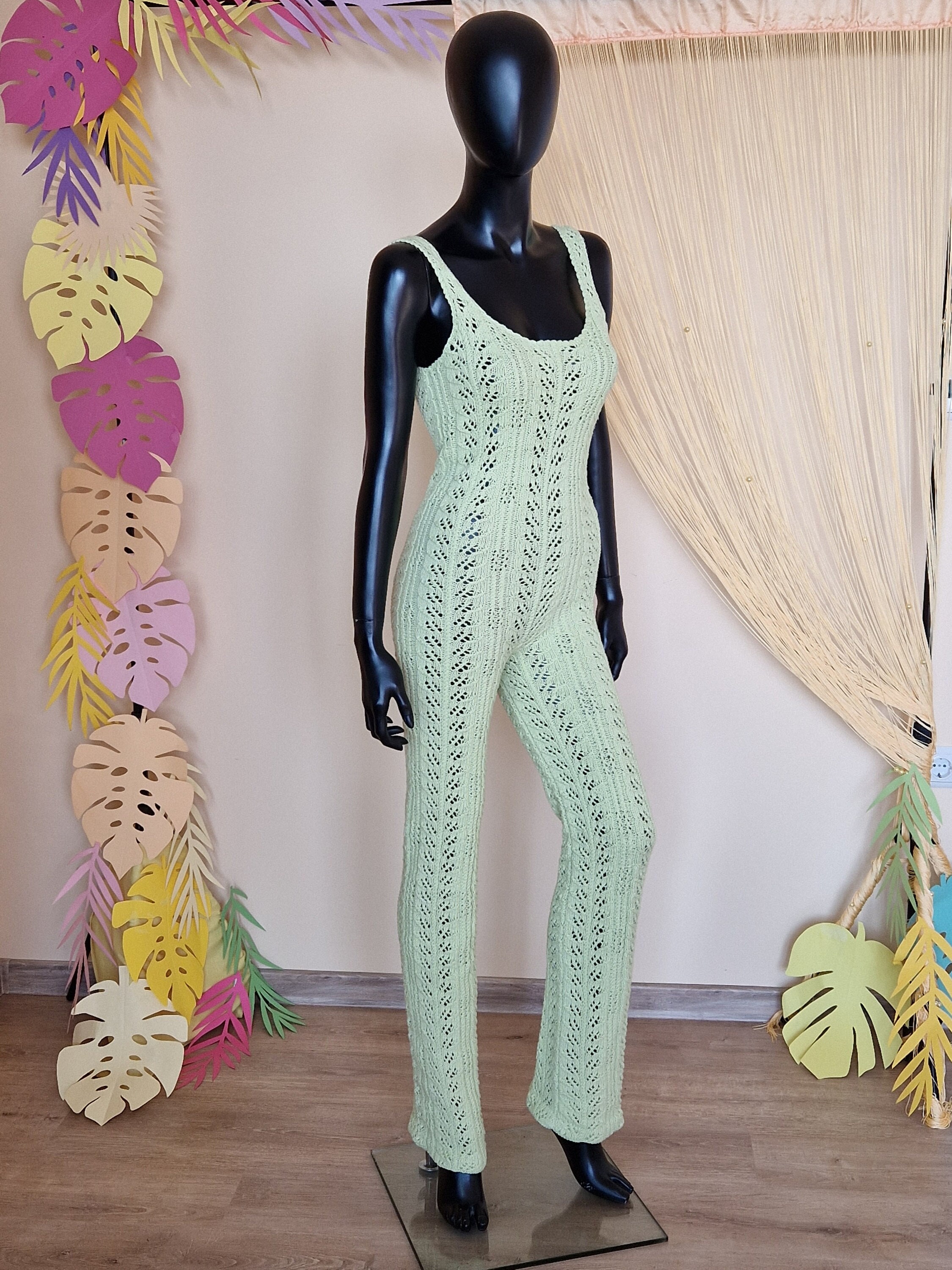 Hand Made Crochet Jumpsuit, One of a Kind, Light Green Jumpsuit, Summer ...