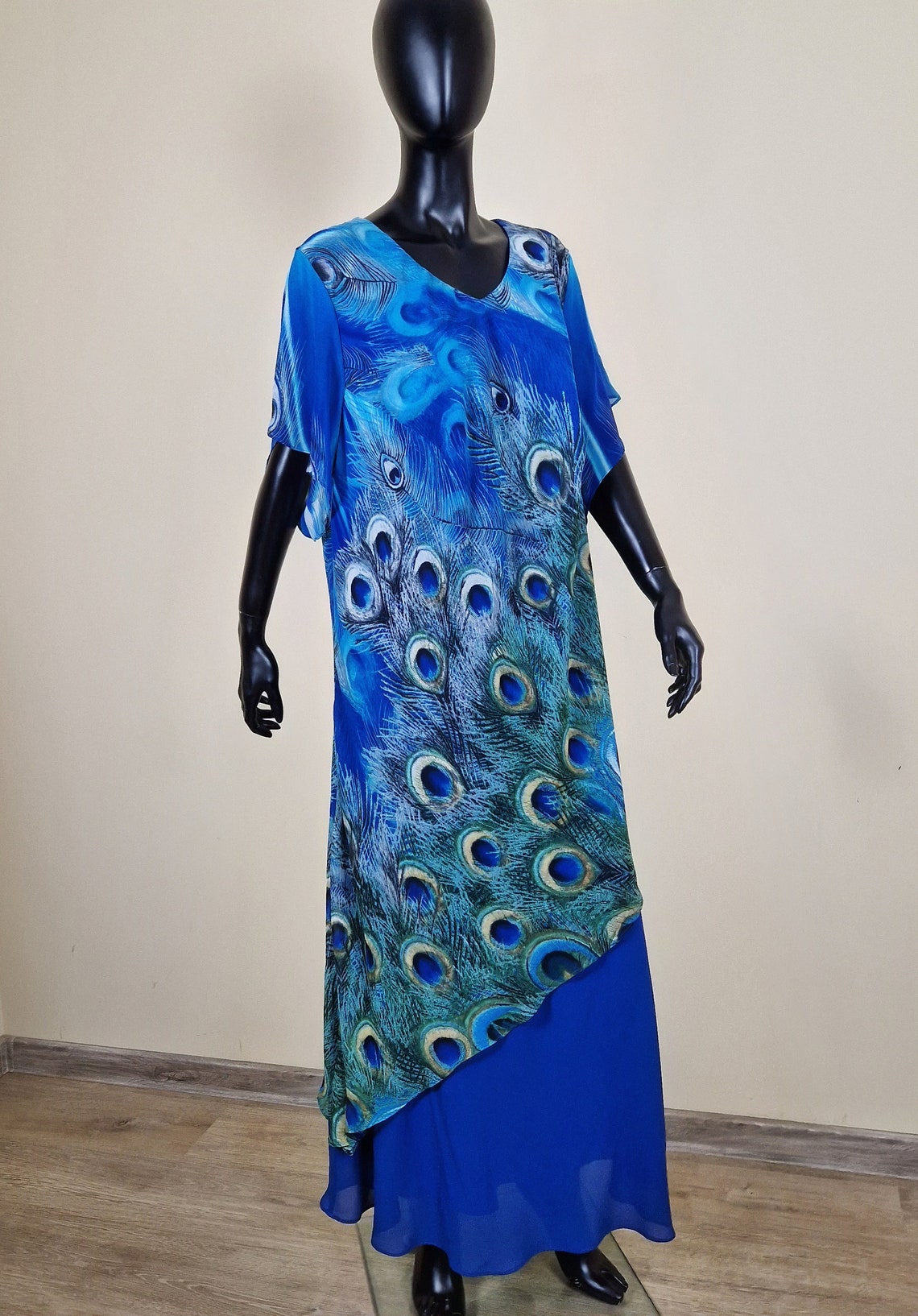 Vintage Blue Peacock Print Dress: Timeless Elegance, Elegant Chiffon ...