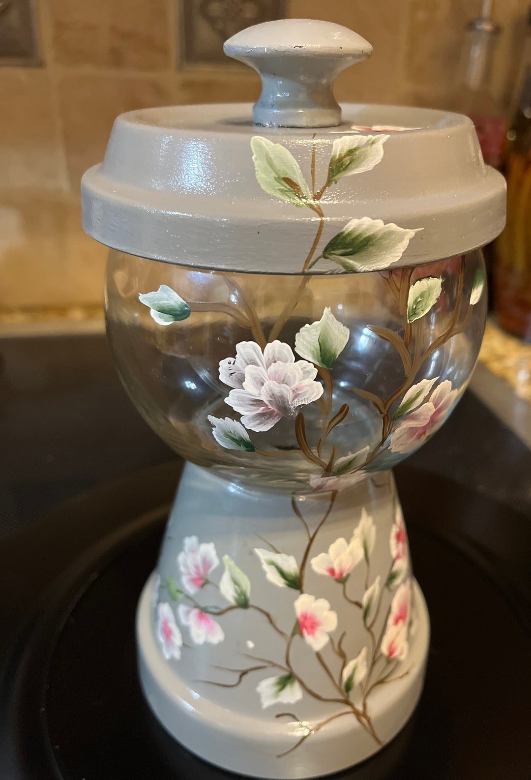 Clay Pot Candy Jar, Hand Painted Candy Jar, Painted Candy Jar, Glass ...