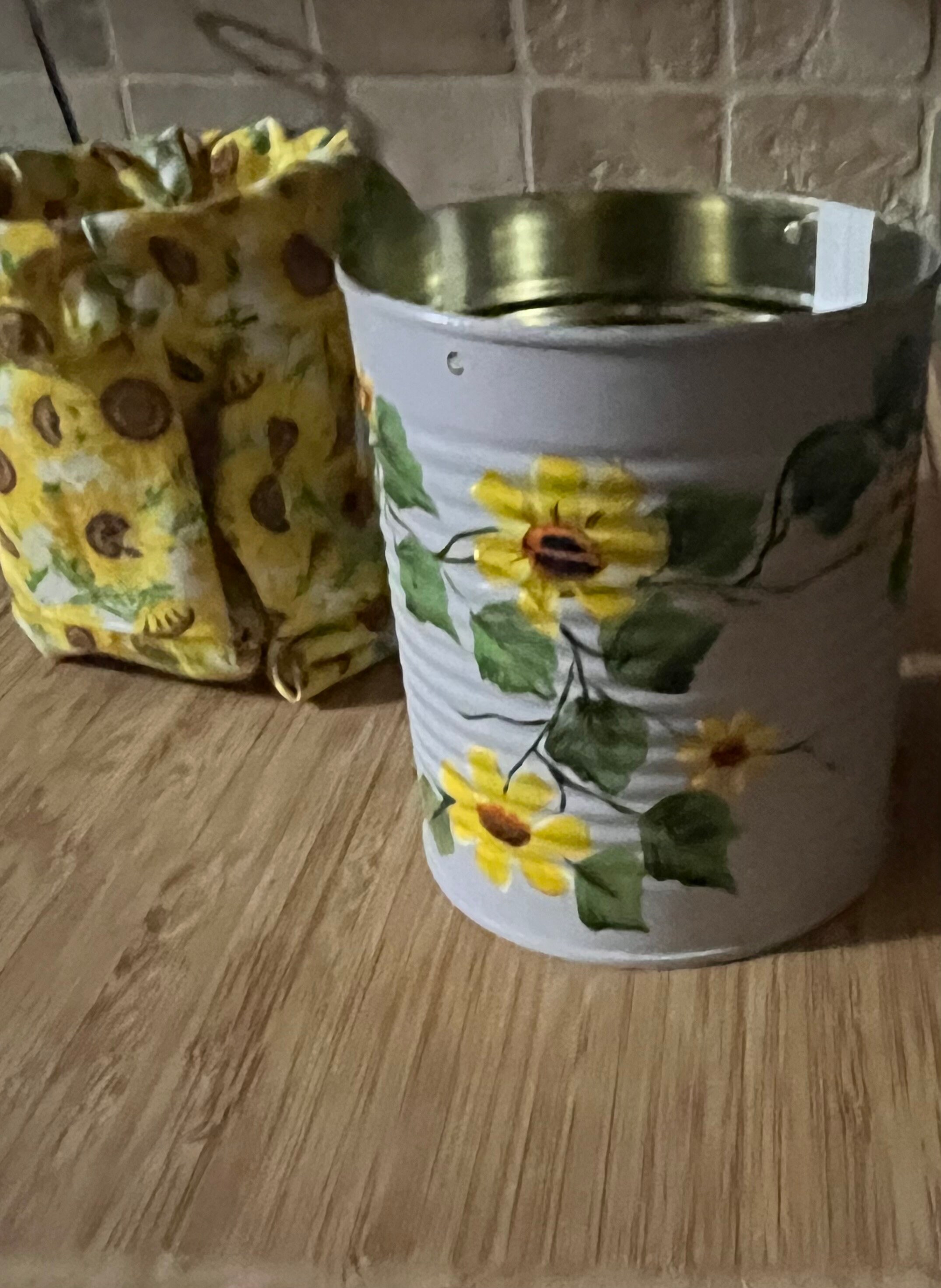 Sunflower Painted Can, Recycled Can, Recycled Tin Can, Hand Painted Can ...