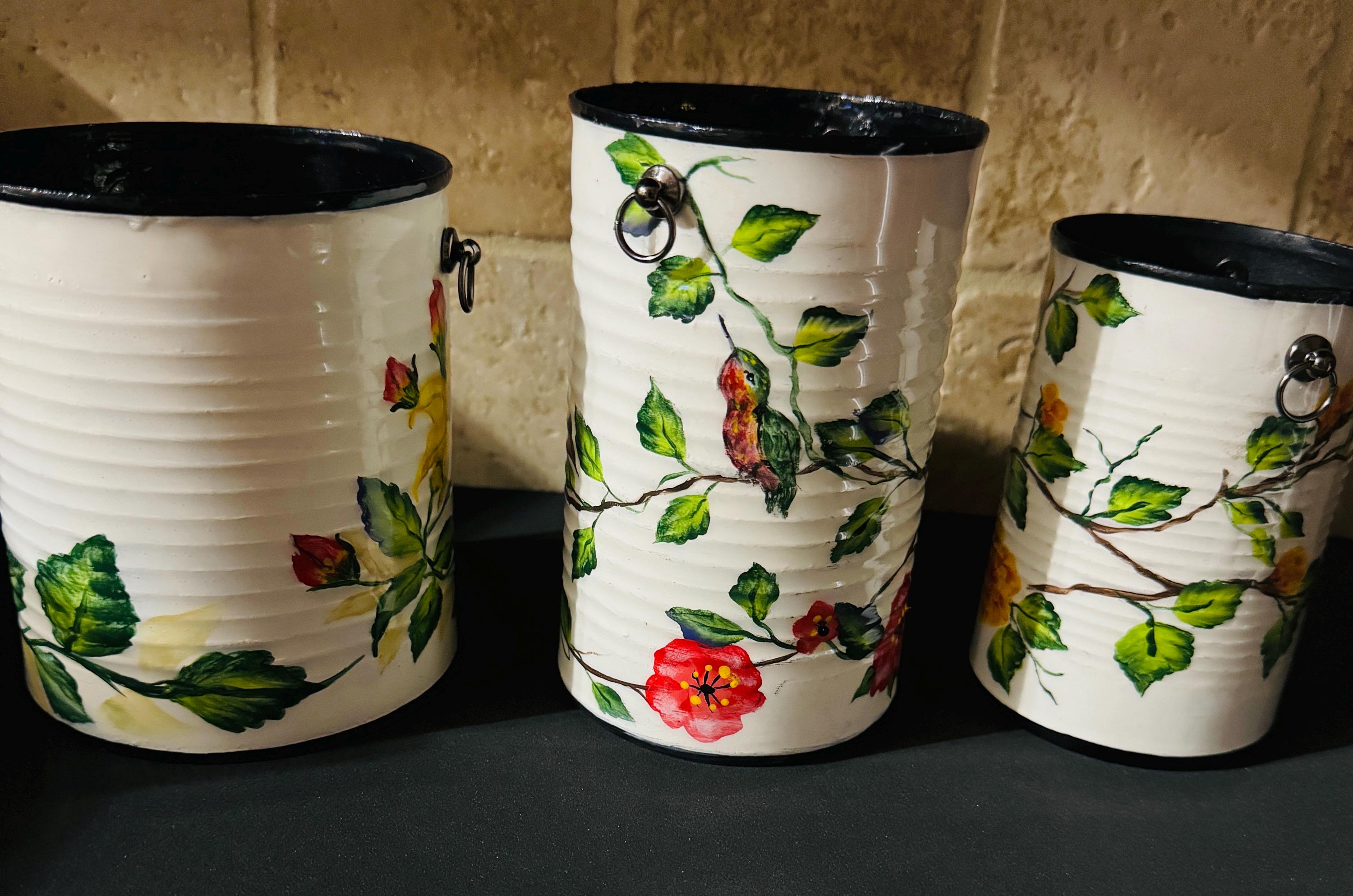 Tin Cans, Painted Tin Cans, Flower Painted Tin Cans, Recycled Tin Cans ...