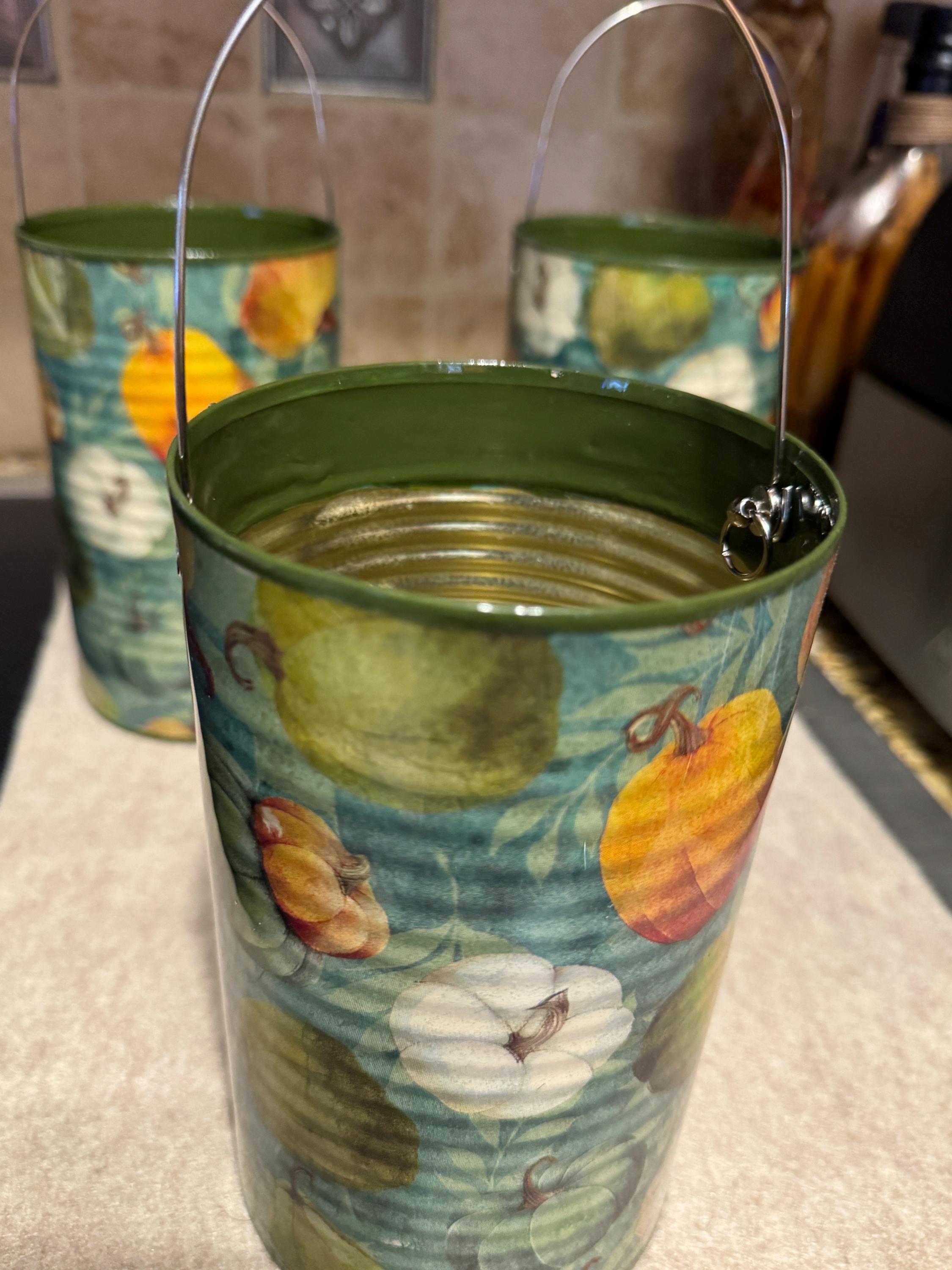 Tin Cans, Decoupaged Napkin Tin Cans, Recycled Tin Cans, Pumpkin Napkin ...