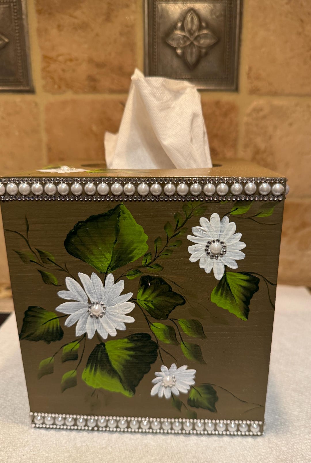 Tissue Box Cover, Painted Wood Tissue Box, Wooden Tissue Cover, Pearls ...