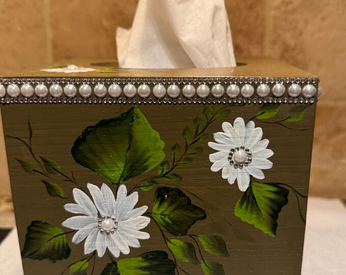Tissue Box Cover, Painted Wood Tissue Box, Wooden Tissue Cover, Pearls ...