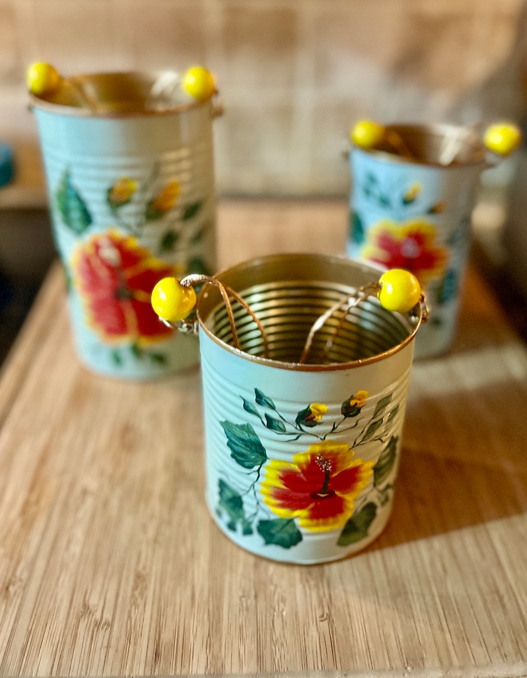 Tin Cans, Celery Colored Tin Cans,painted Tin Cans, Flower Painted Tin ...