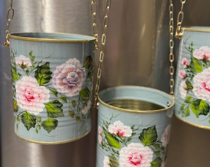 Tin Cans, Painted Tin Cans, Flower Painted Tin Cans, Recycled Tin Cans ...