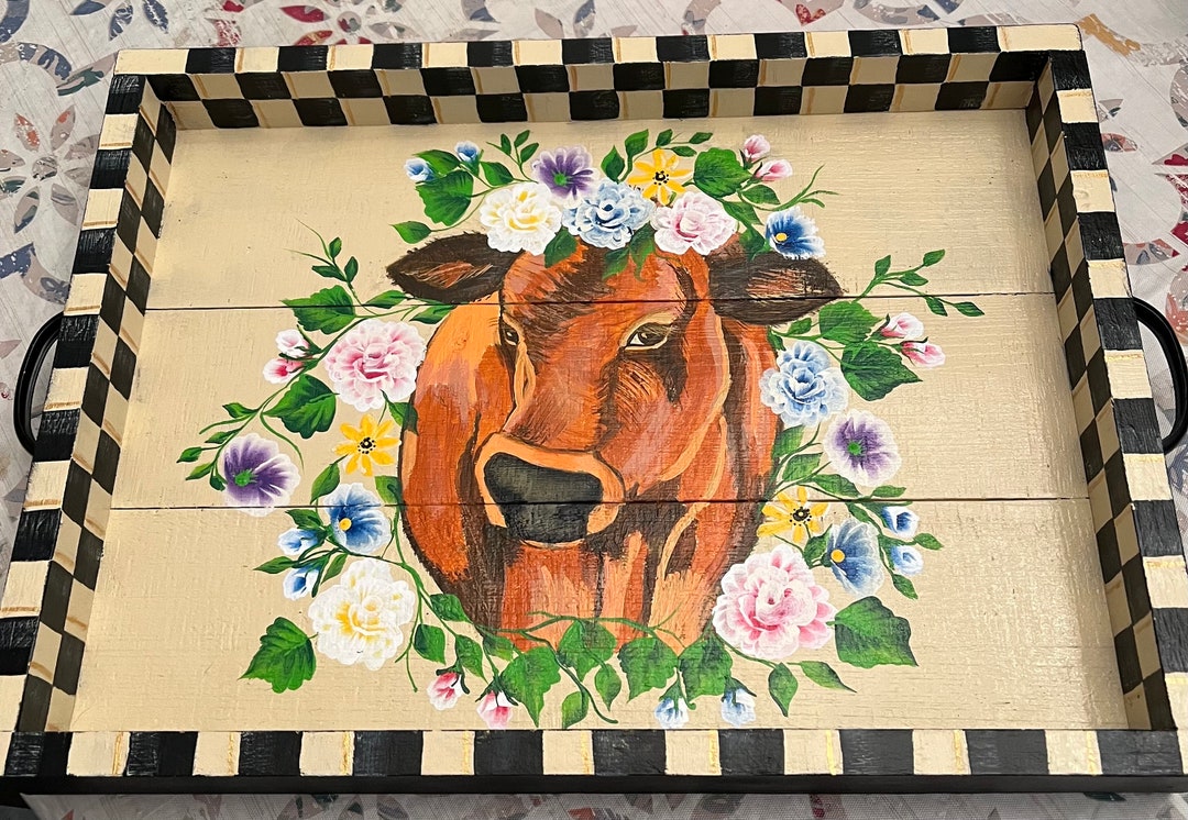 Hand Painted Cow Wooden Tray, Black Checks and Flowers, 15.5" - Etsy