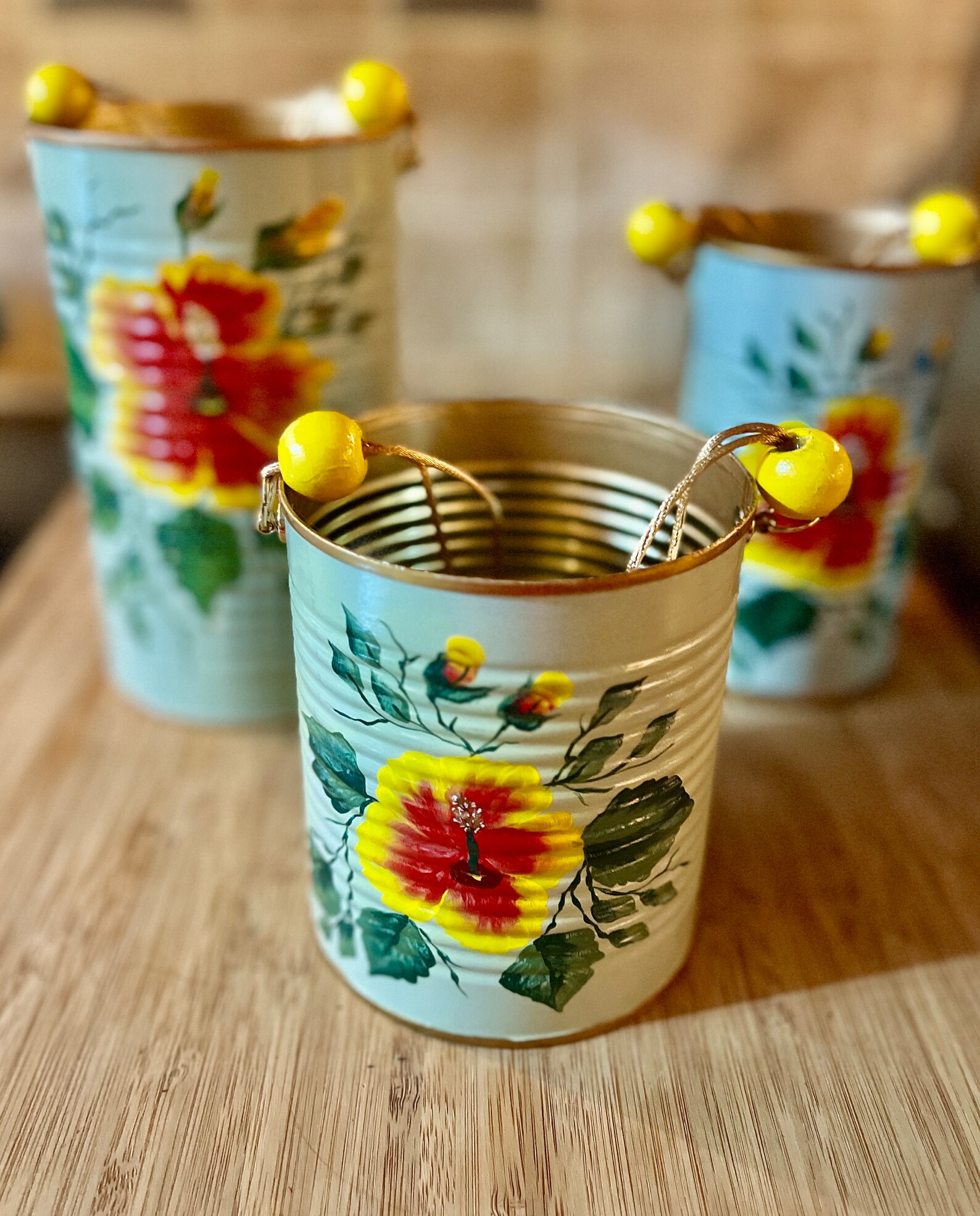 Tin Cans, Celery Colored Tin Cans,painted Tin Cans, Flower Painted Tin ...