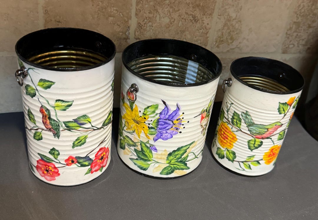 Tin Cans, Painted Tin Cans, Flower Painted Tin Cans, Recycled Tin Cans ...