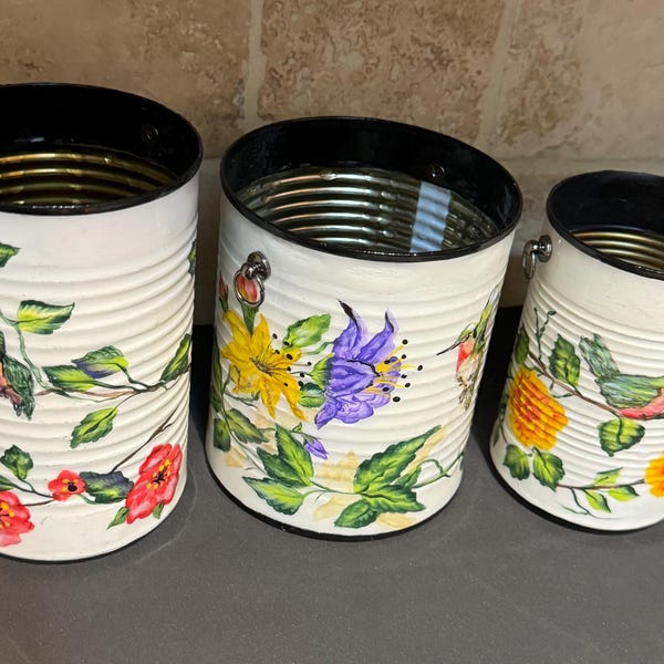 Tin Cans, Painted Tin Cans, Flower Painted Cans, Recycled Tin Cans ...