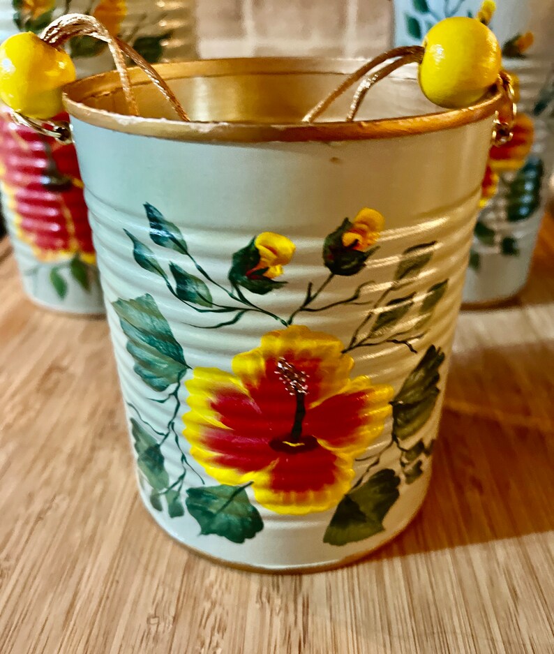 Tin Cans, Celery Colored Tin Cans,painted Tin Cans, Flower Painted Tin ...