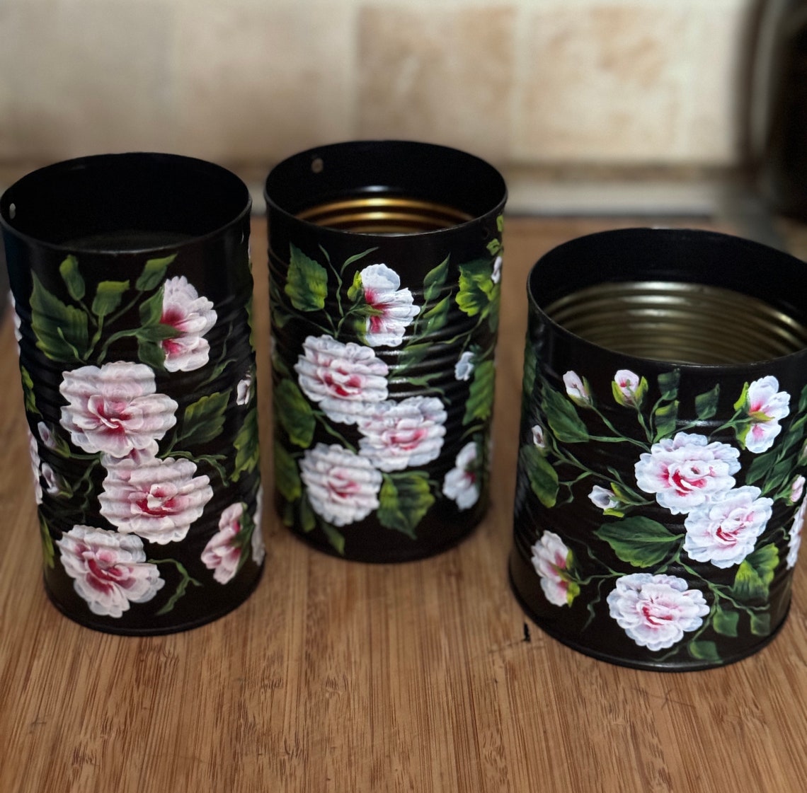 Hand Painted Rose Tin Can Set, Recycled Upcycled Floral Decor - Etsy