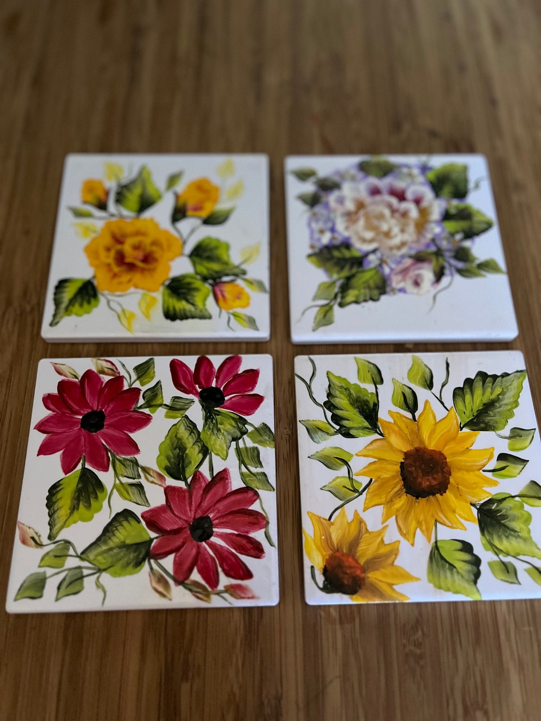 Coasters, Painted Coasters, Flowered Coasters, Ceramic Coasters, Hand ...