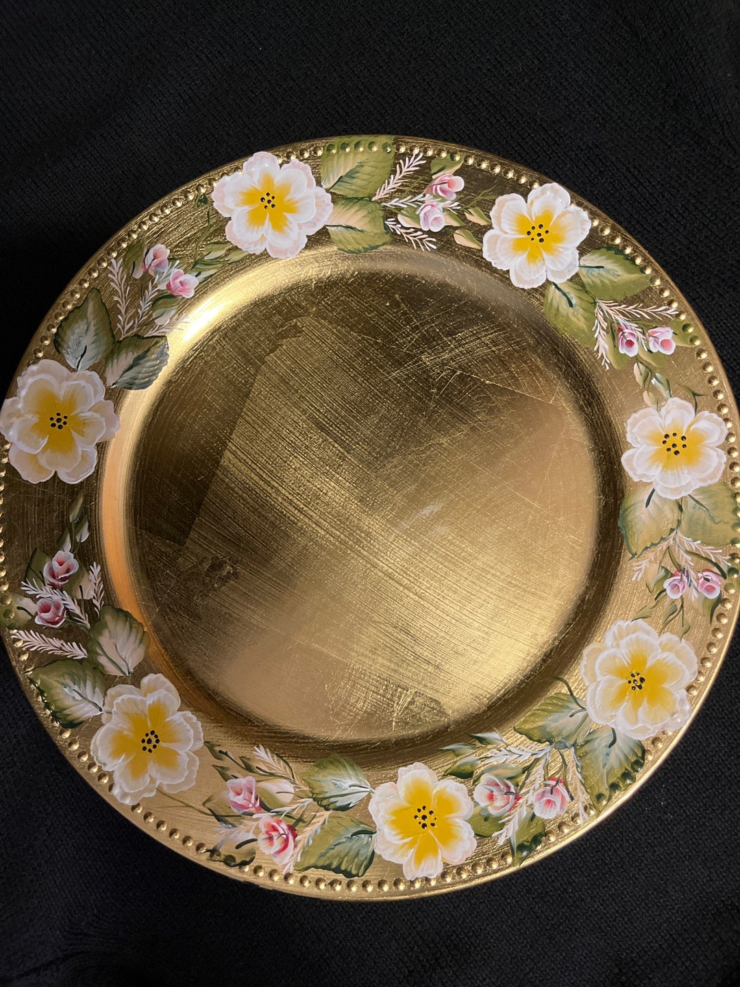 Hand Painted Gold Charger Plate, Floral Table Decoration - Etsy