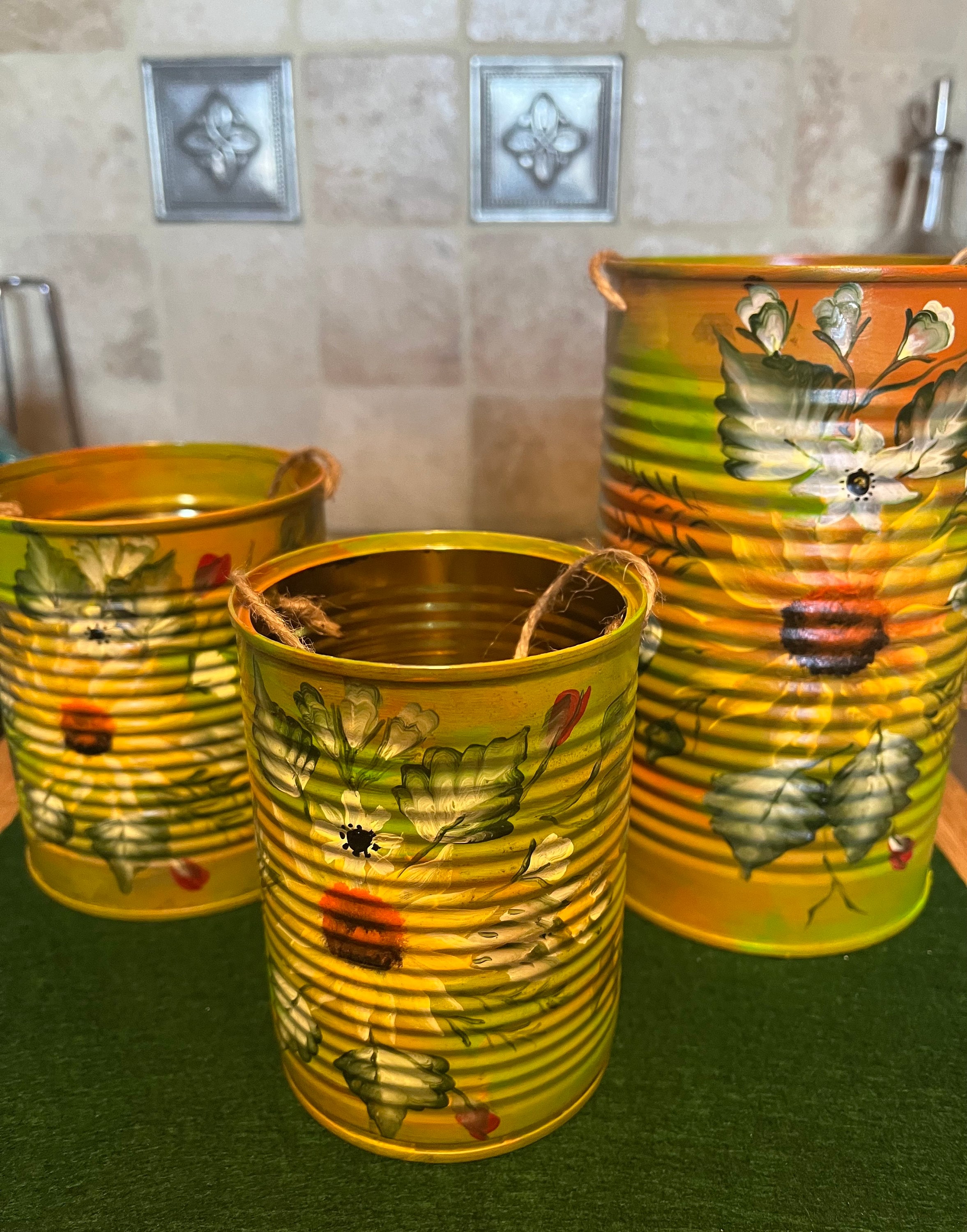 Tin Cans, Painted Tin Cans, Flower Painted Tin Cans, Recycled Tin Cans ...