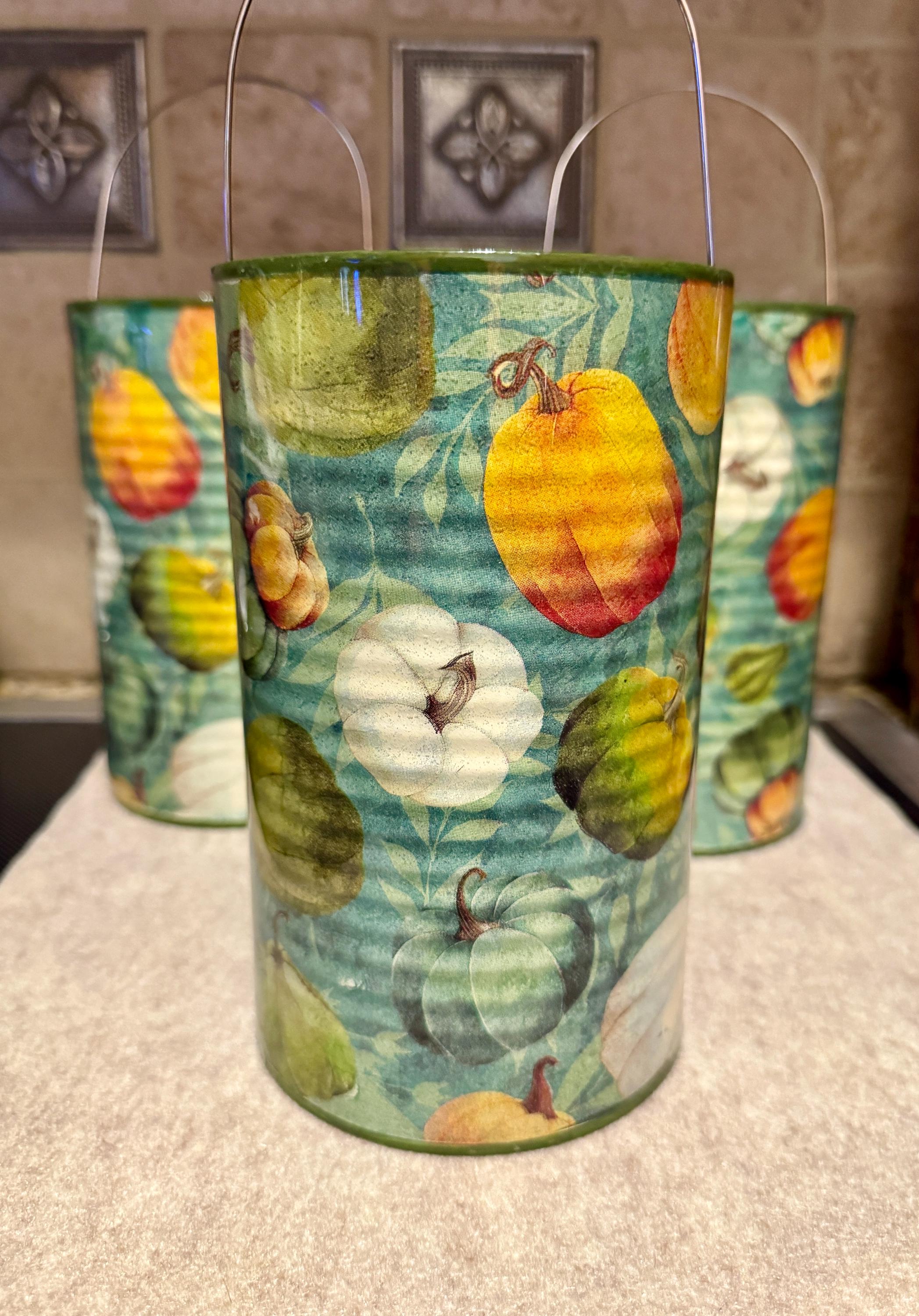 Tin Cans, Decoupaged Napkin Tin Cans, Recycled Tin Cans, Pumpkin Napkin ...