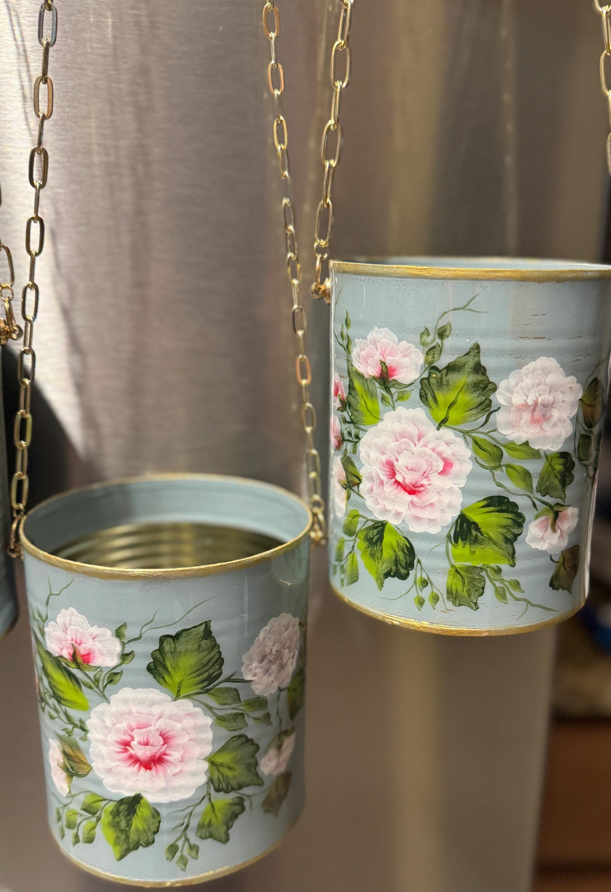 Tin Cans, Painted Tin Cans, Flower Painted Tin Cans, Recycled Tin Cans ...