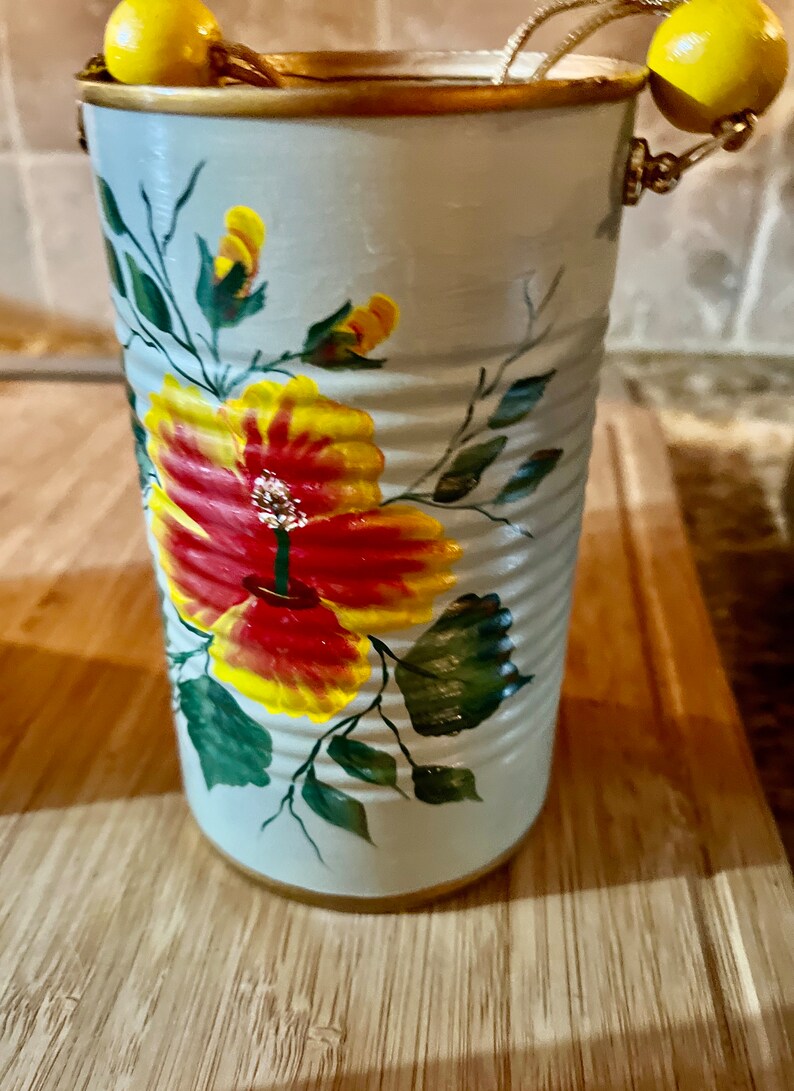 Tin Cans, Celery Colored Tin Cans,painted Tin Cans, Flower Painted Tin ...