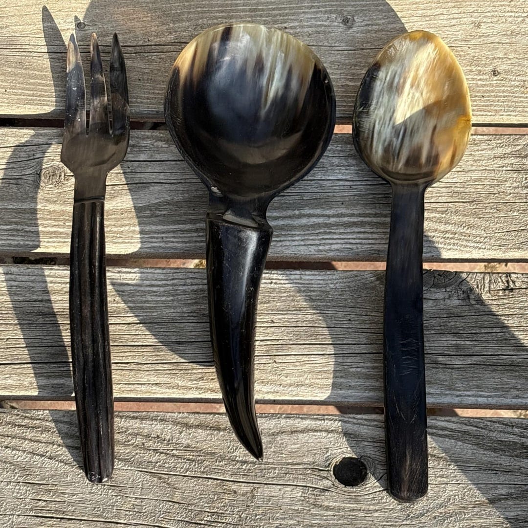 Vintage Hand Carved Horn Spoons Fork Lot of 3 Large Ladle Bovine Horn ...