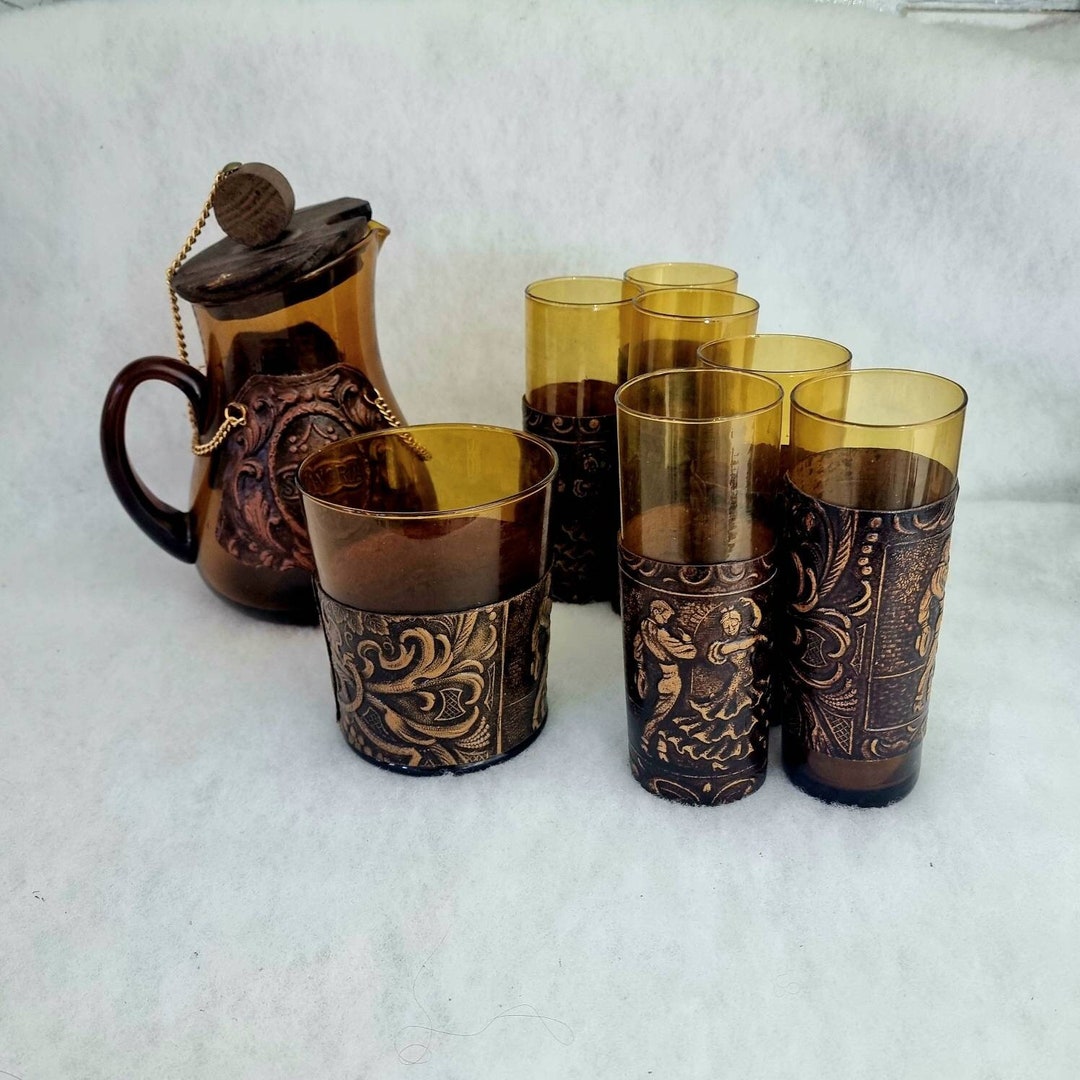 Vintage Amber Glass Sangria Set, Glass Spanish Sangria Pictcher Glasses ...