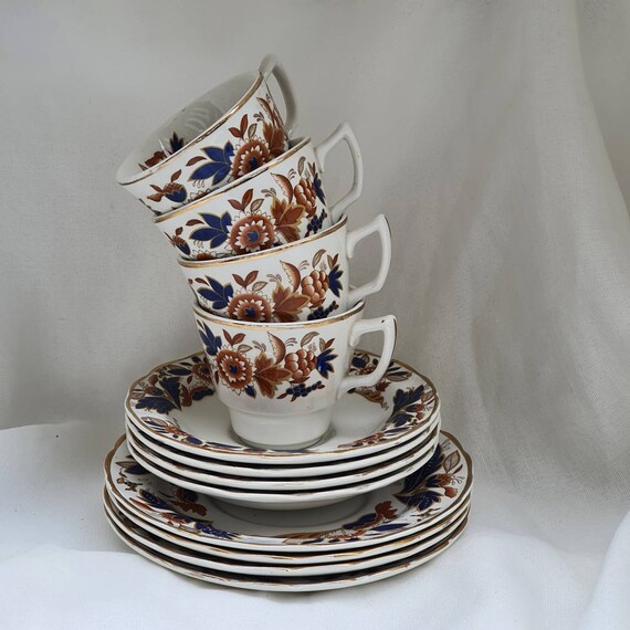 Vintage Booths Dovedale Tea Cup Trios Cobalt Blue and Brown | Etsy