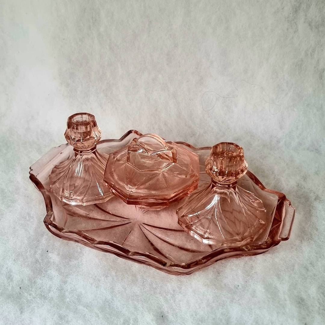 Art Deco Pink Glass Dressing Table Set, Intalgio Pink Glass Tray Set - Etsy