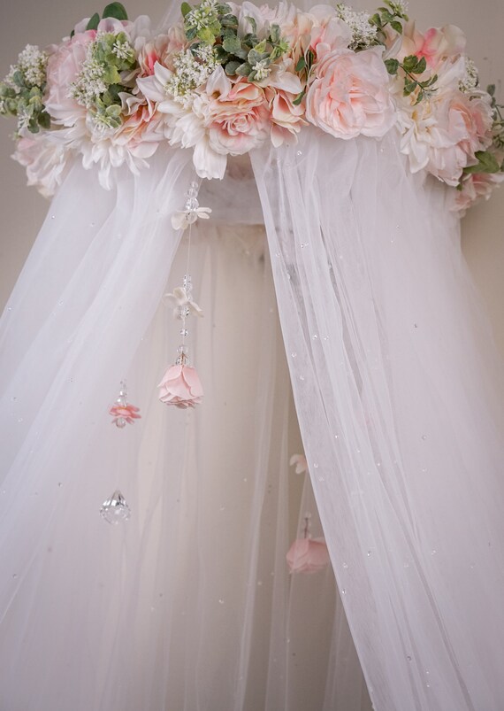 Hangs From Ceiling Round Canopy Backdrop floral Crib Canopy bed Crown floral Mobile teepee baby Shower Gift wedding Backdrop white and Pink Etsy