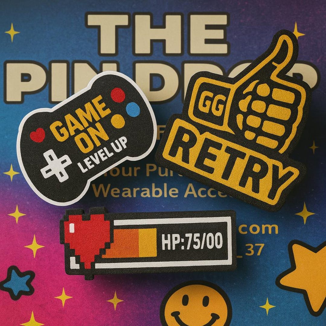Gamer Pin Set Game on Level up Pixel Heart HP Bar GG Retry Retro Gaming ...