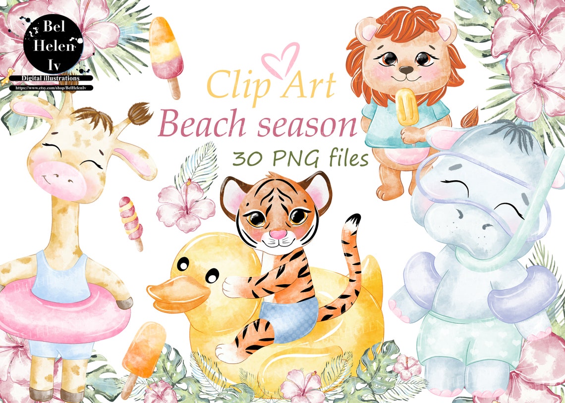 Animals on the beach Beach season animals bathing cute | Etsy