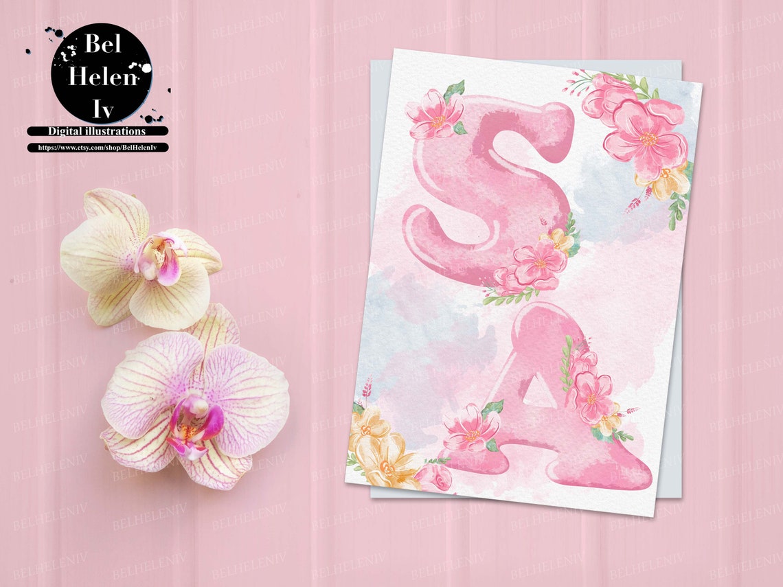 Pink flower alphabet clipart alphabet watercolor baby art | Etsy