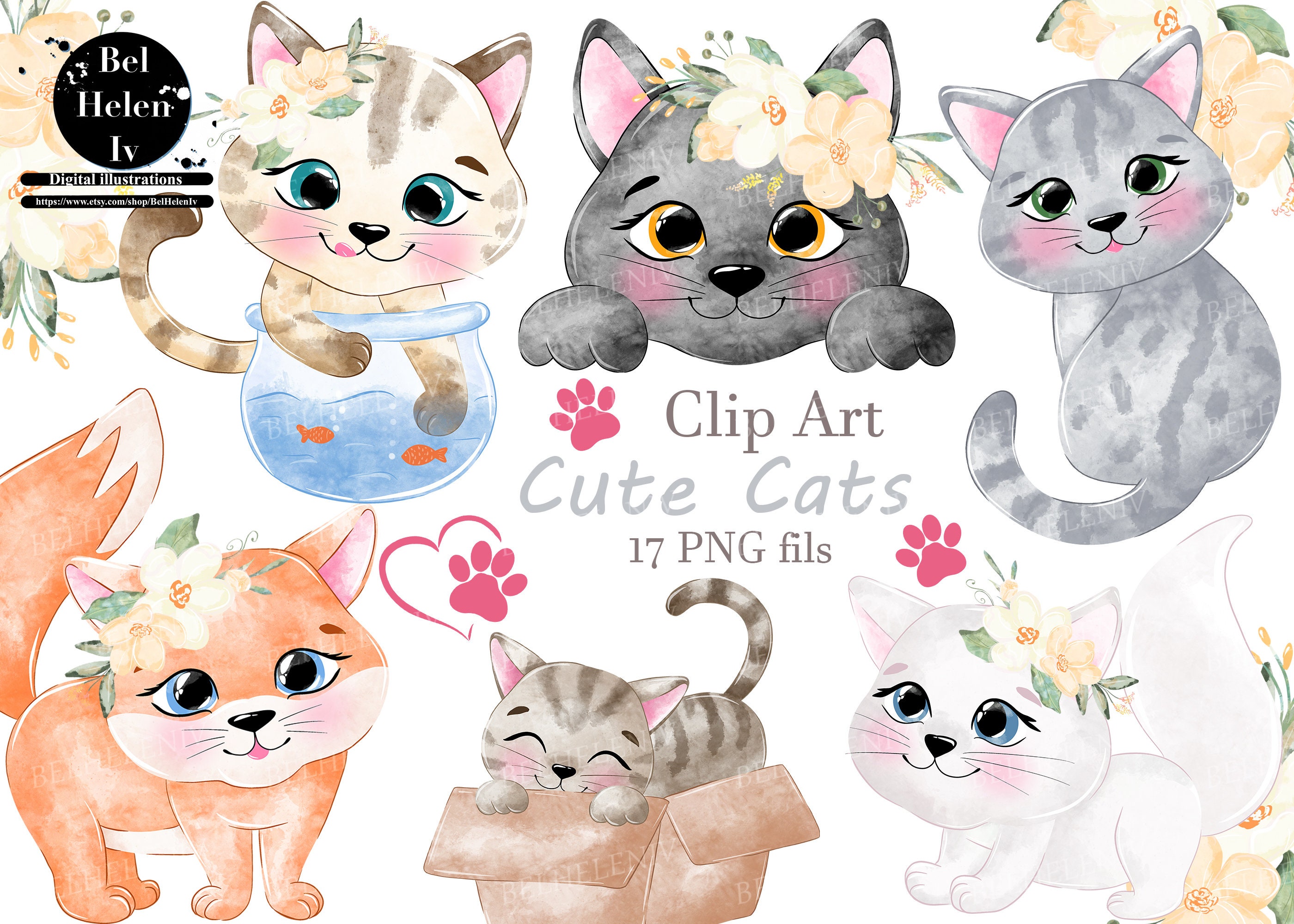 Cute kitty clipart with watercolor illustration Craft Supplies & Tools ...
