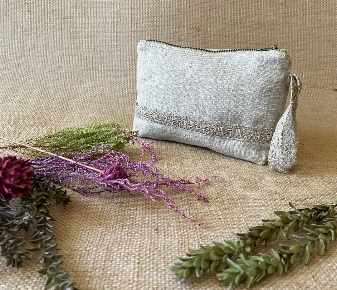 Cosmetic Bag - Clutch Made of Natural Linen With Lace Trim, Double ...
