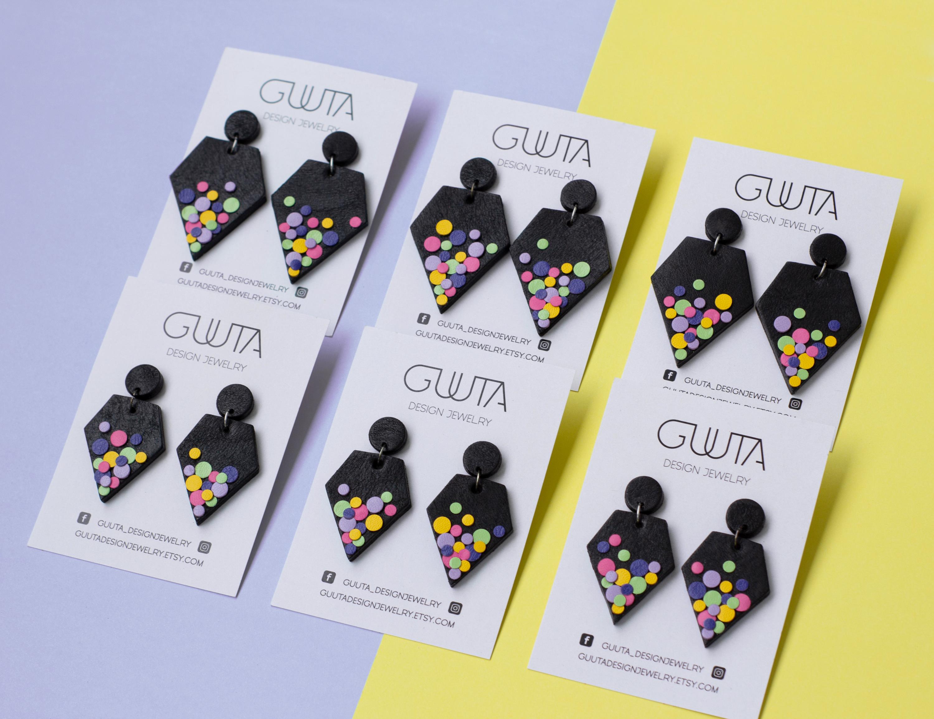 Confetti Dangle Earrings, Large Rainbow Earrings, Black Leather Stud ...