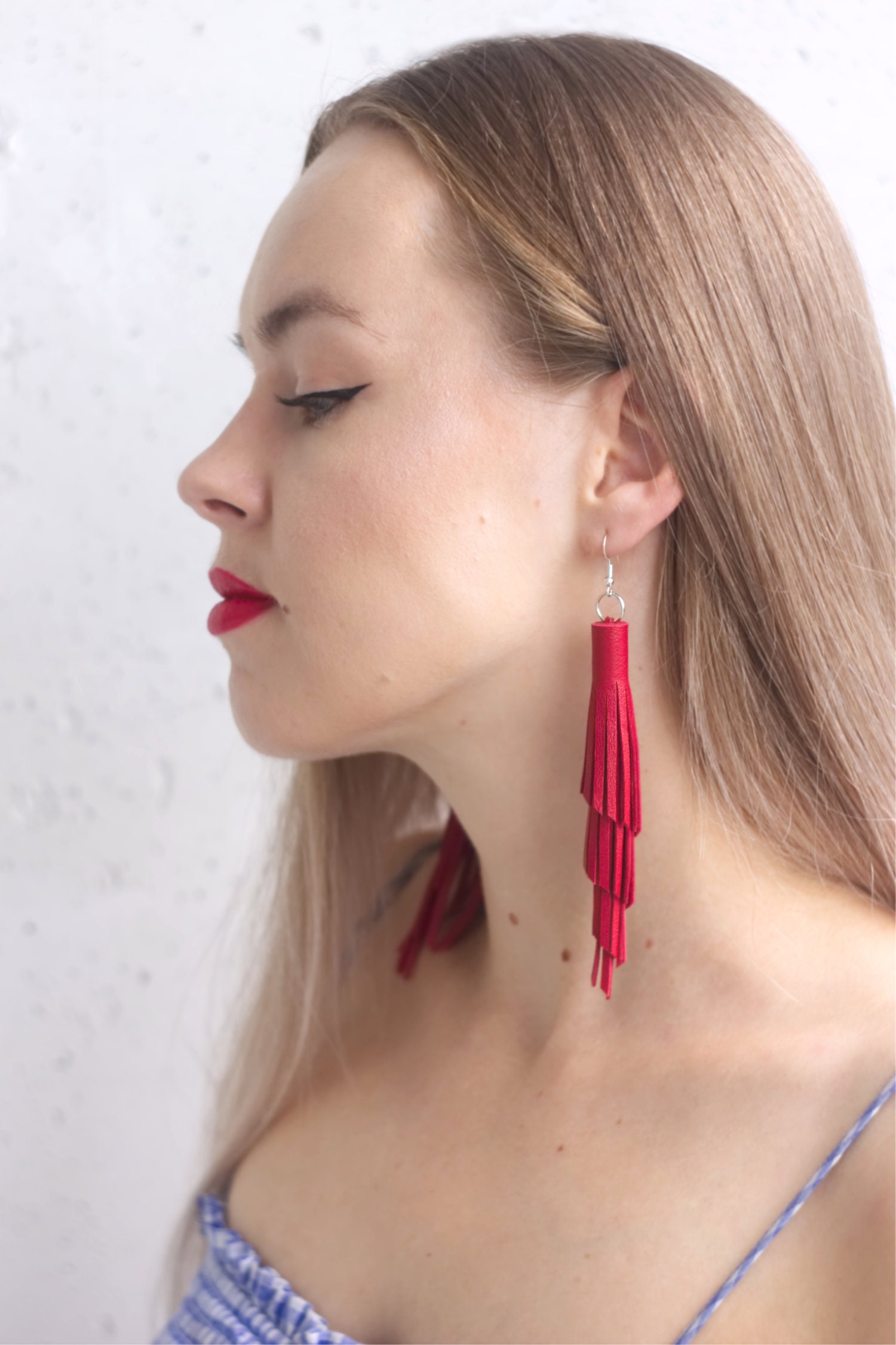 Red Tassel Earrings, Statement Leather Earrings, Leather Fringe ...