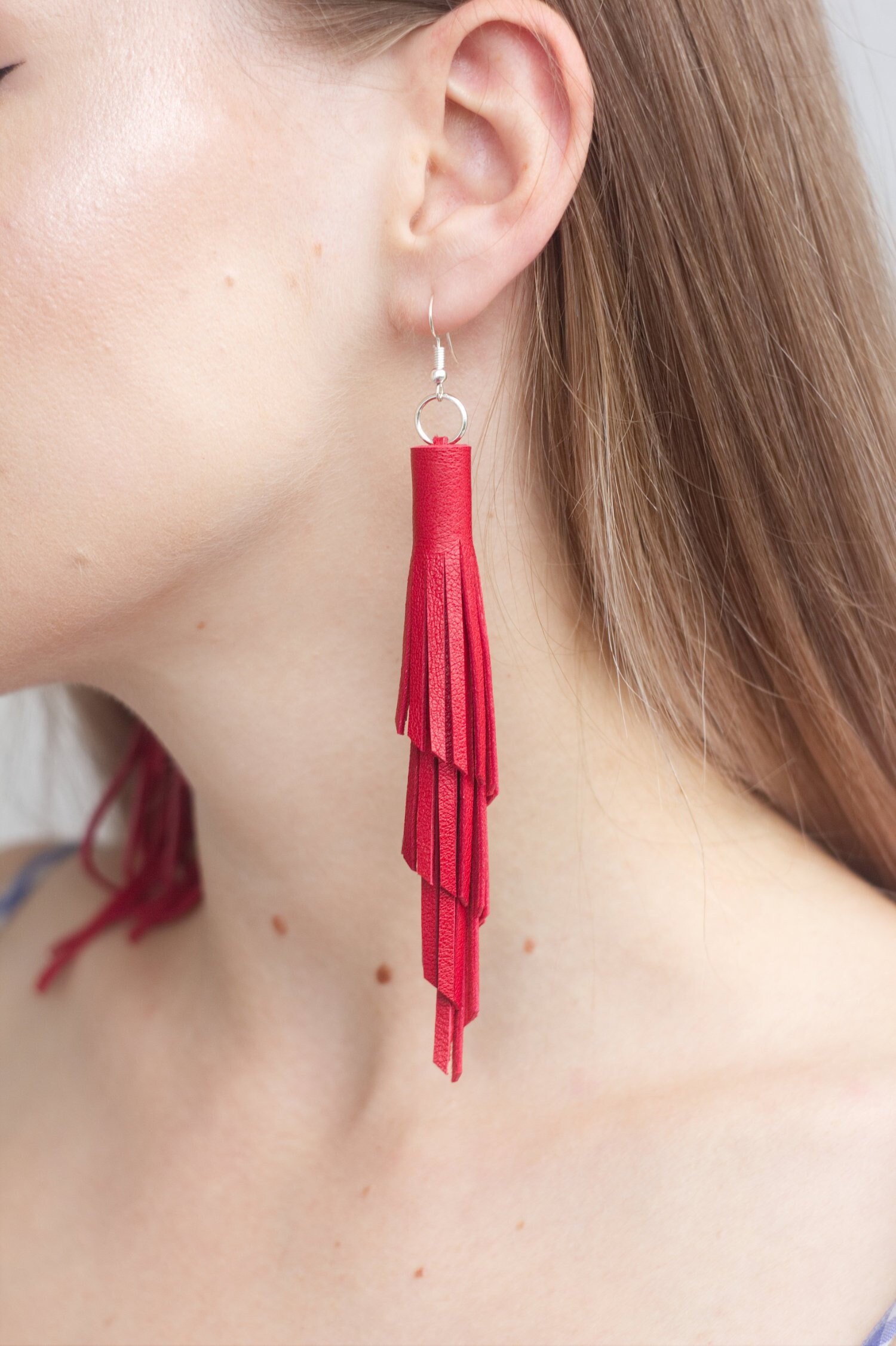 Red Tassel Earrings, Statement Leather Earrings, Leather Fringe ...