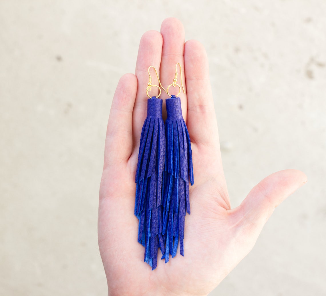 Royal Blue Leather Earrings Long Tassel Earrings - Etsy