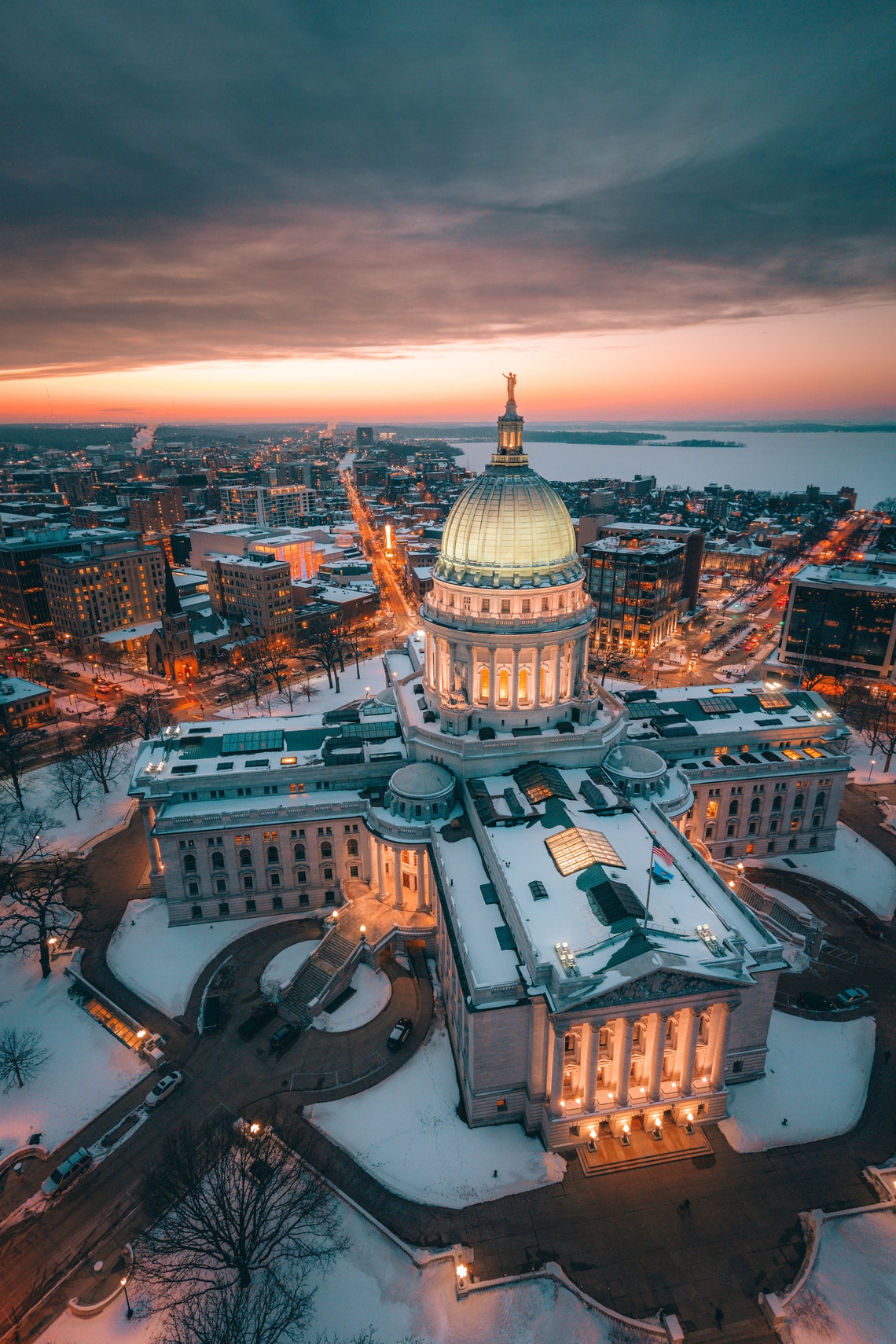 Wisconsin Capitol Dome During Winter Sunset in Madison, Wisconsin ...