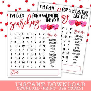 PRINTABLE Kid's Classroom Valentines Cards | Searching for You | Word ...
