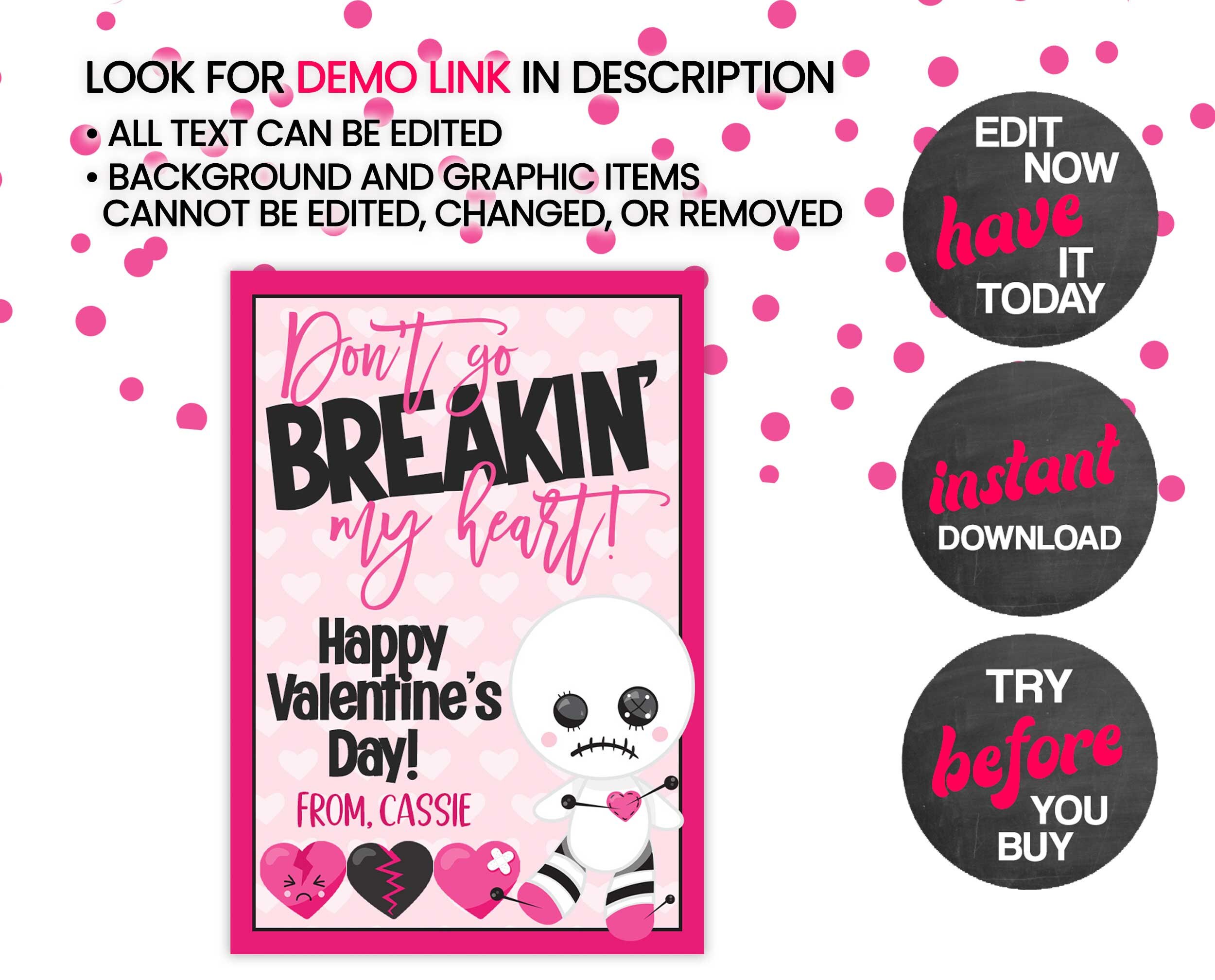PRINTABLE Classroom Valentines Don't Go Breakin' My Heart Editable Tag ...