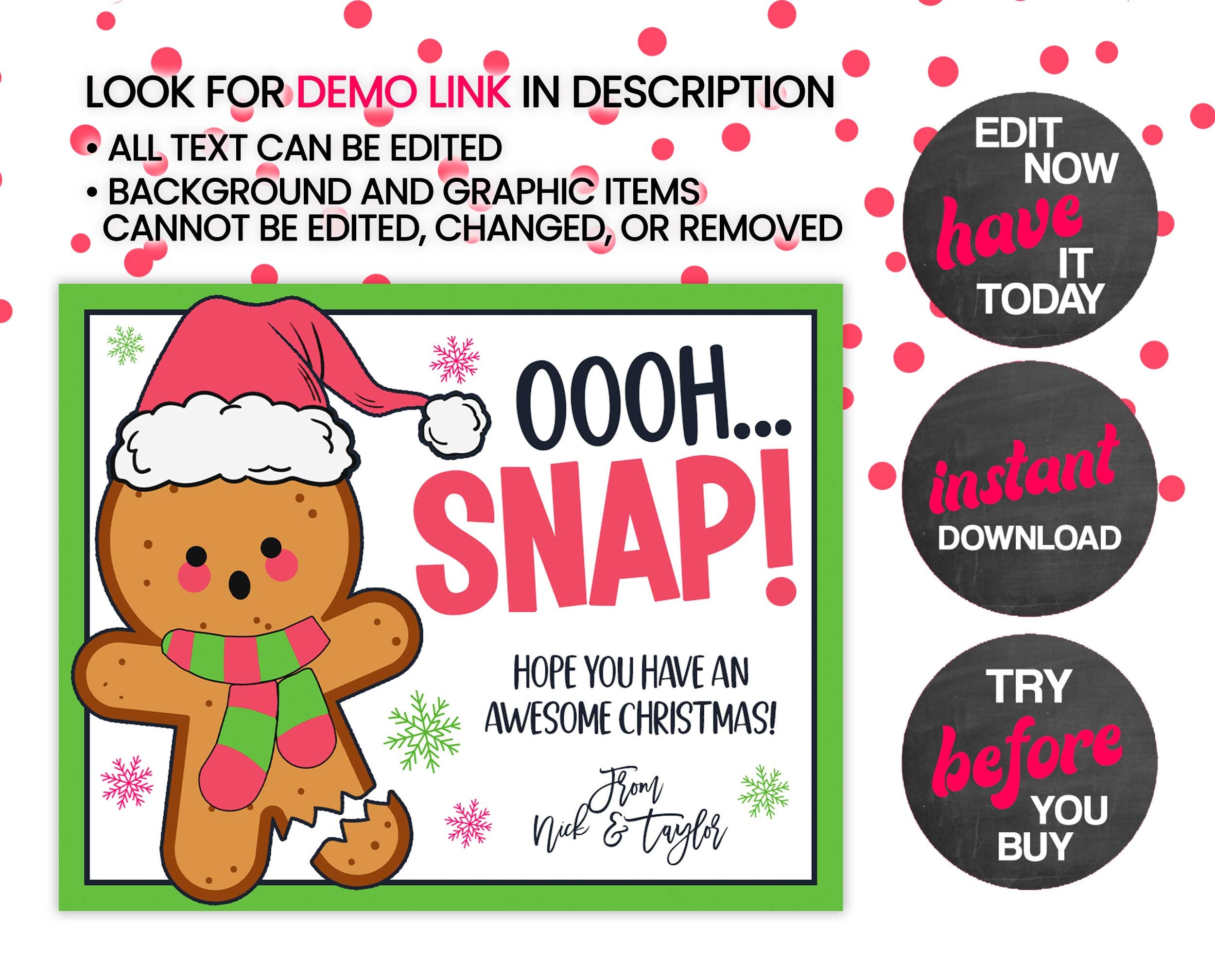 PRINTABLE Oh Snap Gingerbread Man Holiday Editable Gift Tag Family ...