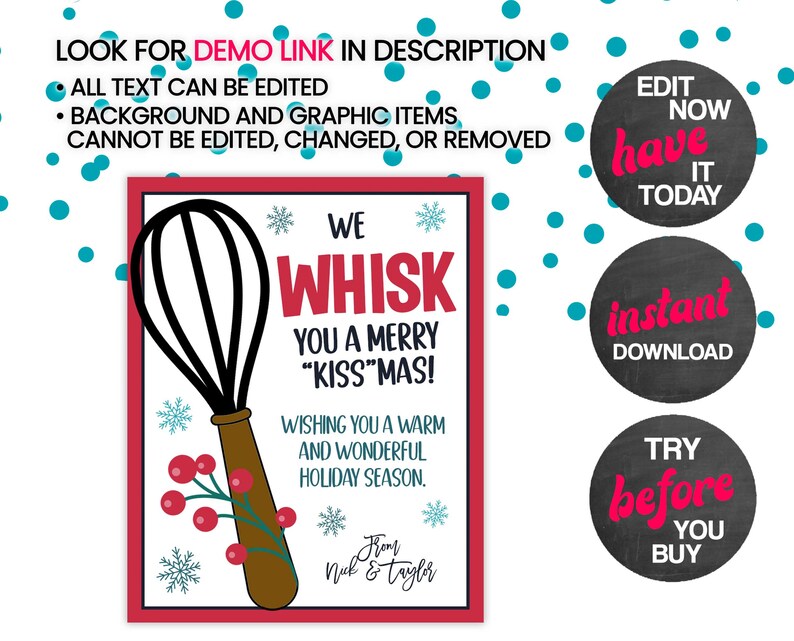 PRINTABLE We Whisk You a Merry Kissmas Holiday Editable Gift Tag ...