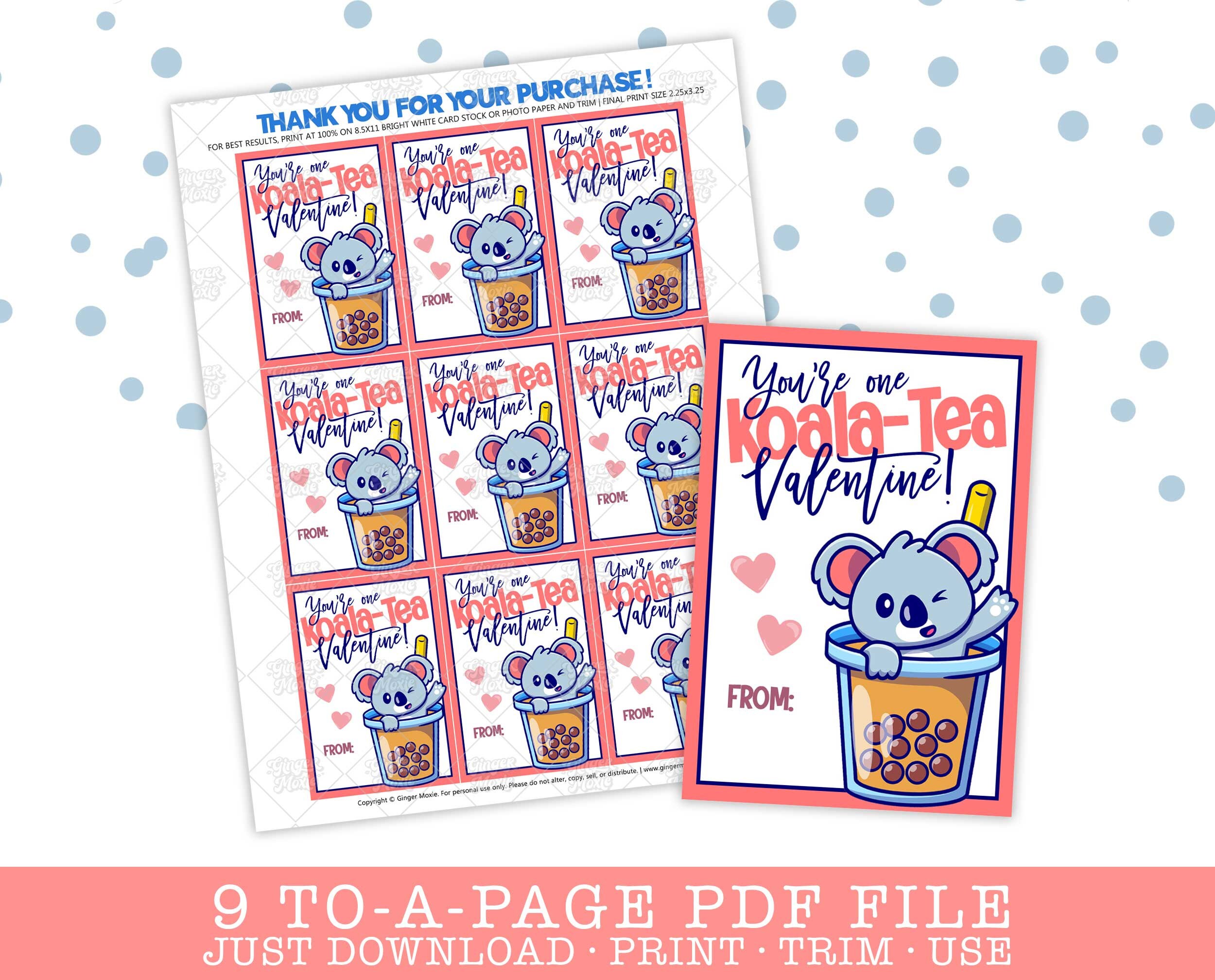 PRINTABLE Classroom Valentines Koala-tea Valentine Gift Tag Card ...