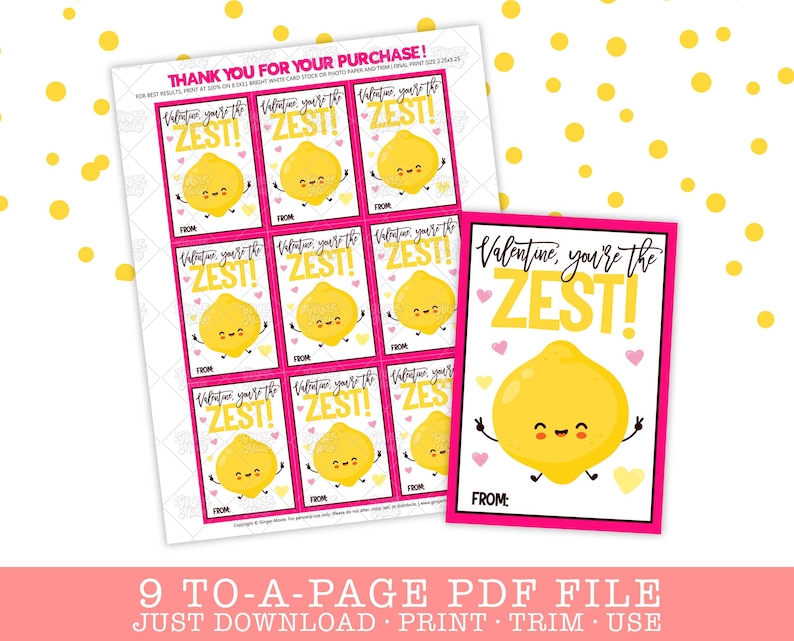 PRINTABLE You're the Zest Valentine Gift Tag Card Digital Valentines ...