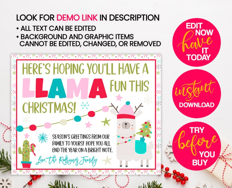 PRINTABLE Llama Fun Wishes Christmas Editable Gift Tag | Etsy