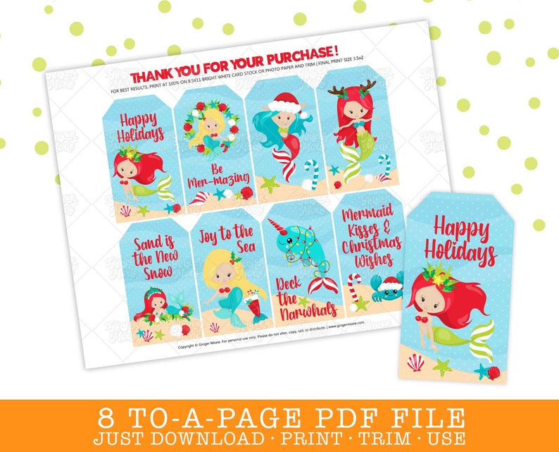 PRINTABLE Christmas Mermaids Gift Tags | Set of 8 | Instant Download ...