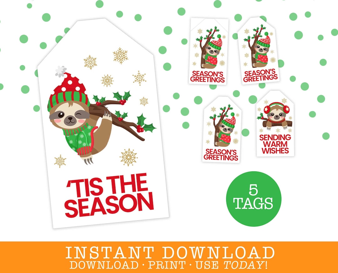 PRINTABLE Christmas Sloths Gift Tags Set of 5 Instant Download Gift ...